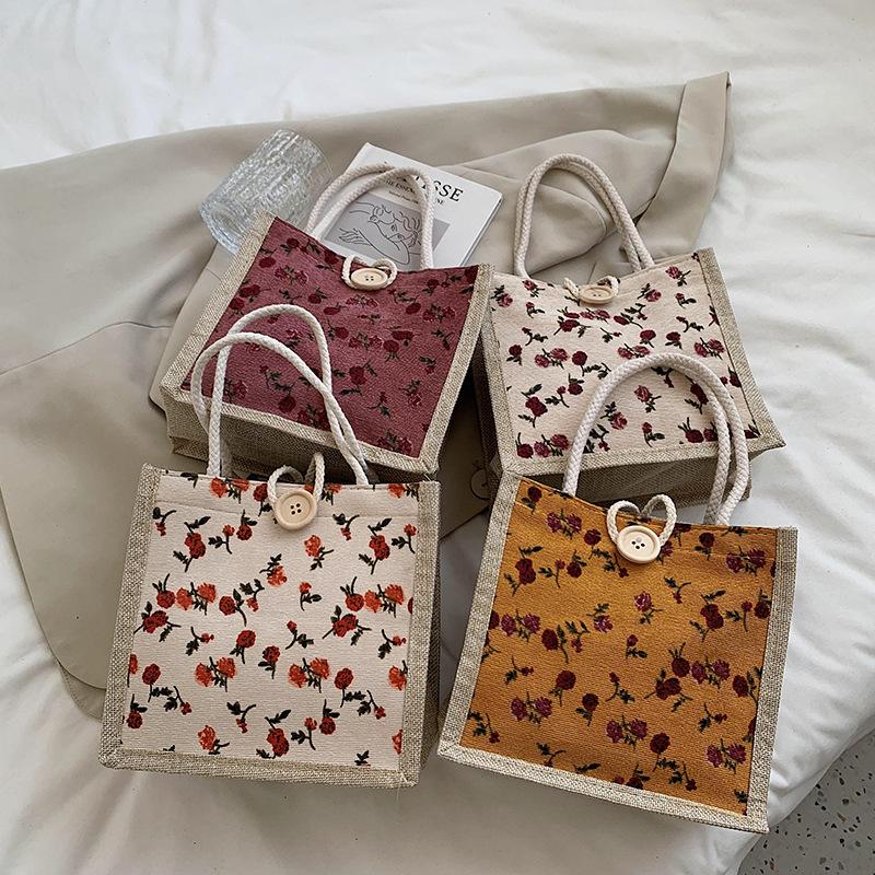 Beg Tangan Linen, Corak Bunga Retro, Fesyen Baru, Kapasiti Besar ...