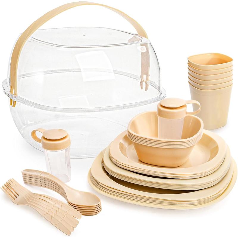 46 Pack Camping Dinnerware Set for 6 Portable, Reusable Plastic Plate ...