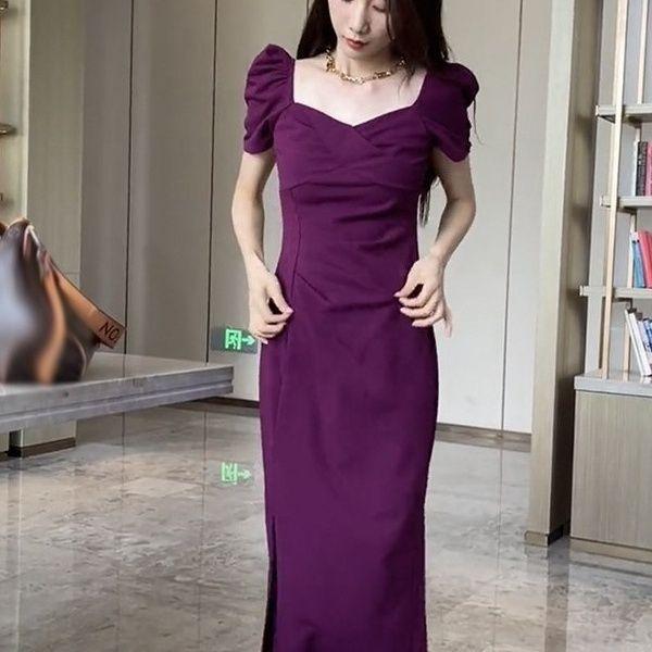 Pakaian Wanita, Fesyen, Gaun Ungu Cantik, Mewah, Langsing, Pinggang ...