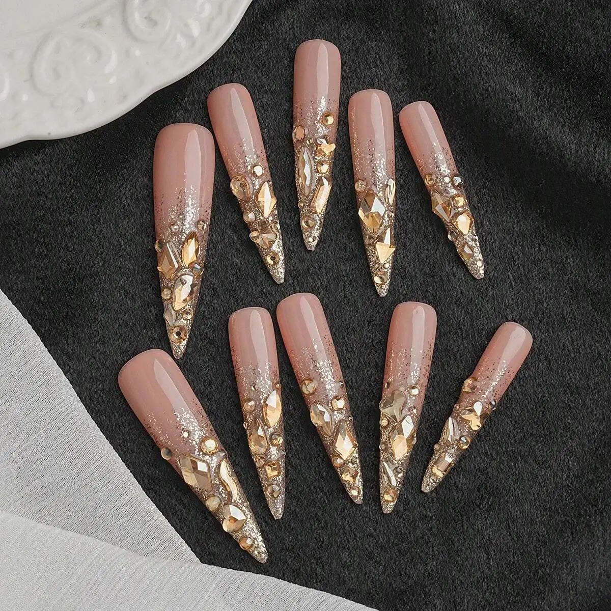 Rhinestone Decor Fake Nails with 1 Nail File & 1 Sticker Sheet (10pcs ...