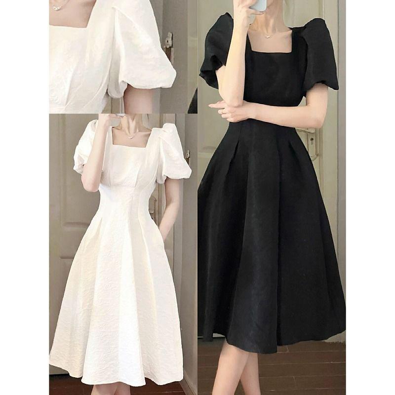 White Square Collar Women's Swing Dress with Long Skirt for Graduation ...