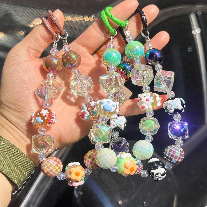 Sweet Painted Beads Phone Chain Sugar Cubes Beads Keychain Anti-lost ...