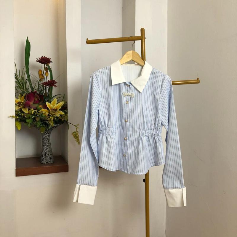 FADFAD Atasan kemeja gaya ramping dengan motif garis garis dan - Shop ...