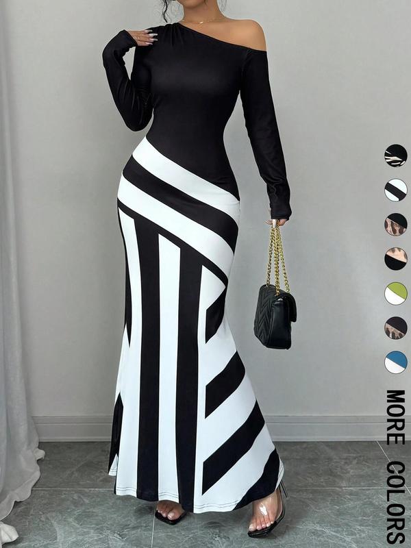 Women's Colorblock Striped Print Longsleeves Asymmetrical Neck Mermaid ...