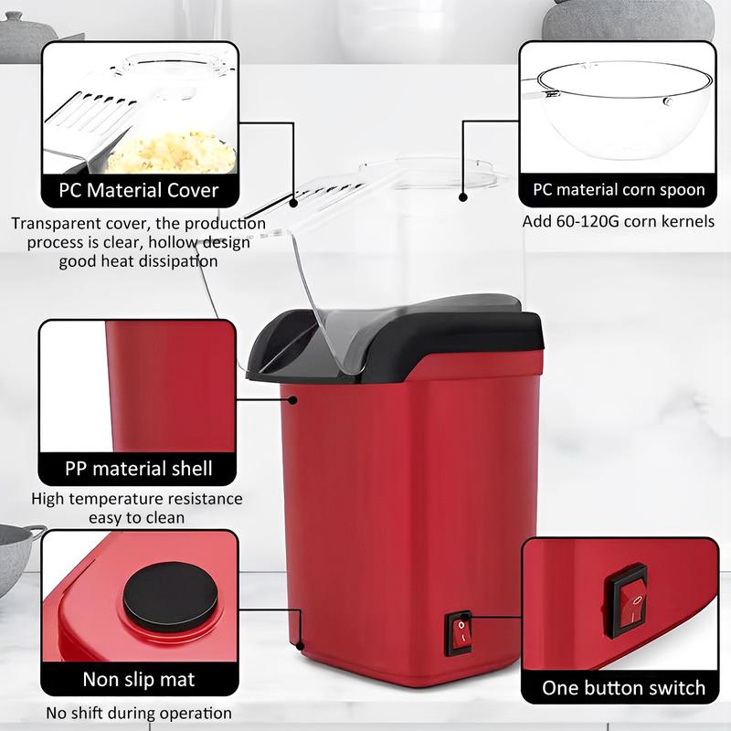 Hot Air Popcorn Popper with Measuring Cup Top Lid Reusable 1200W ...
