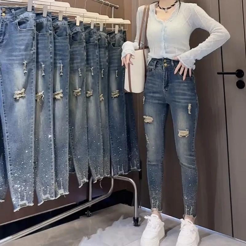 Seluar Jeans Koyak Palsu Kurus Regangan, Pinggang Tinggi Wanita ...