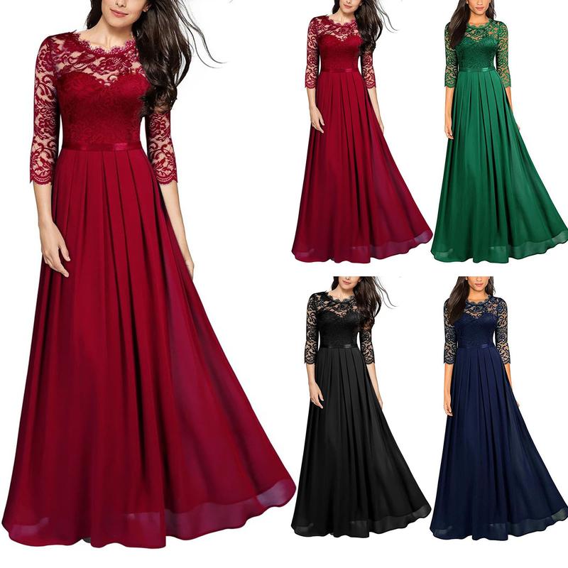 Gaun Gaun Elegan, Untuk Wanita, Leher O, Lengan 3 / 4, Jahitan Renda ...