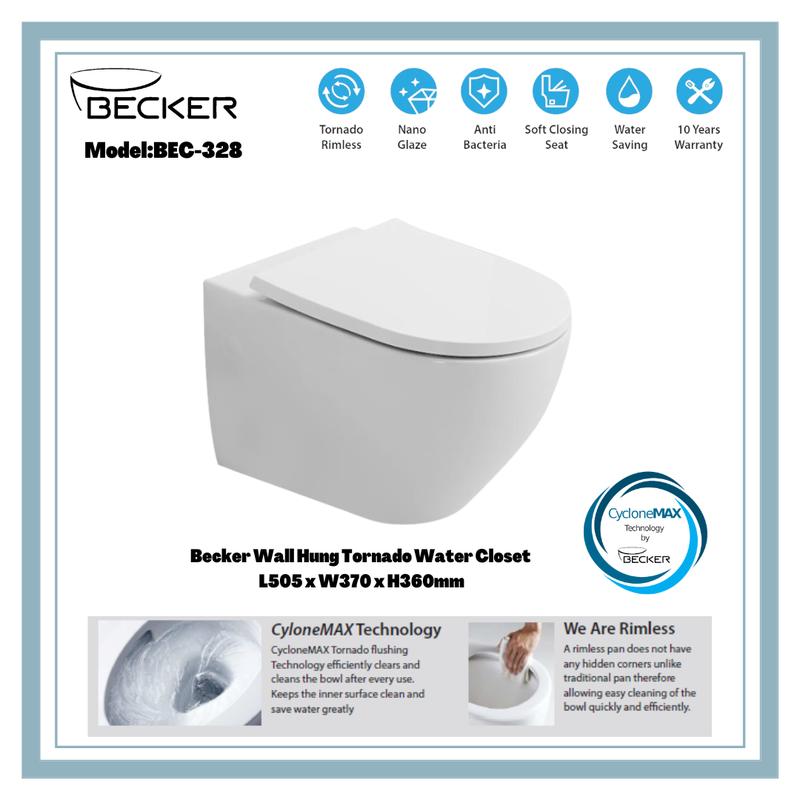 Becker Wall Hung Water Closet With CycloneMax Double Vortex Tornado ...