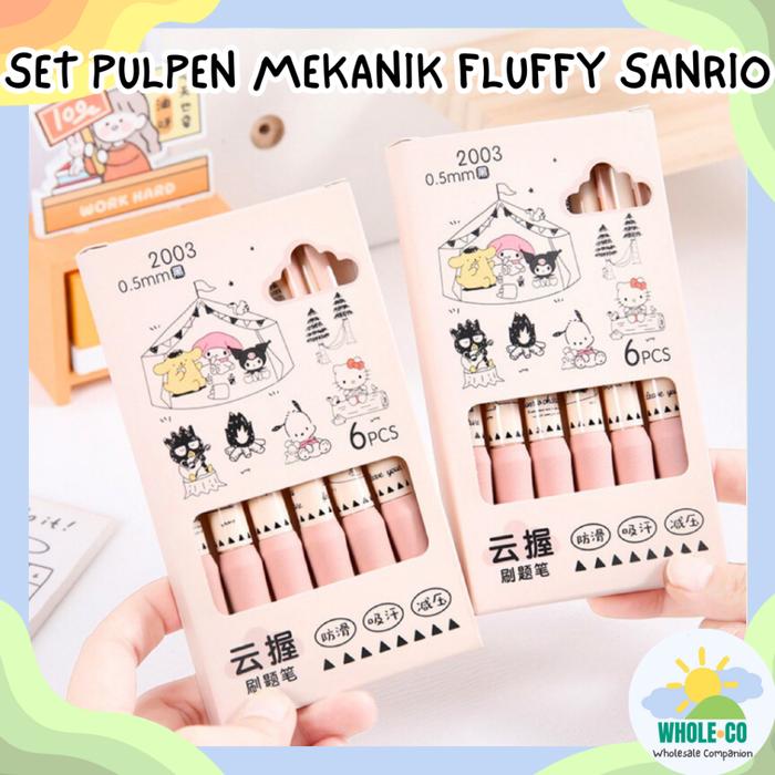 Jual (1 Set isi 6 Pcs) Pulpen Mekanik Fluffy Sanrio Premium Cetek ...