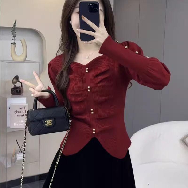 Baju Atasan Berlipat, Kolar Persegi, untuk Wanita, Musim Luruh - TikTok ...