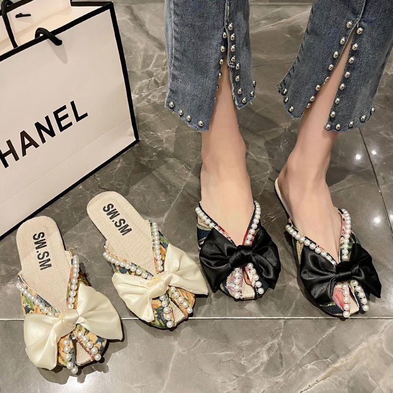 Floral Beads Summer Women Slippers Girls Sweet Bows Linen Slippers ...