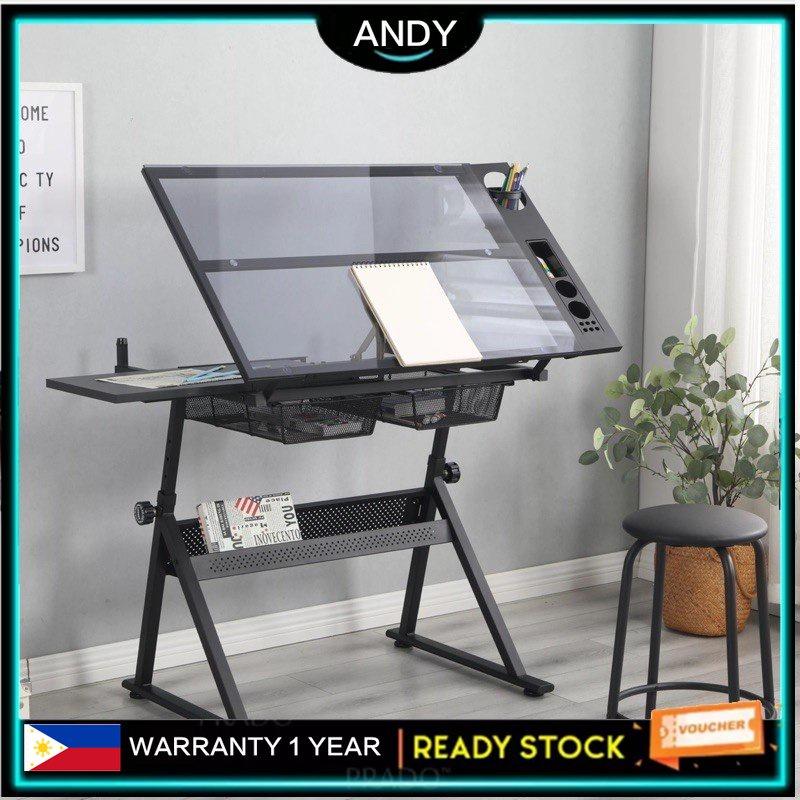 [With Light]Drafting glass table with extra side table drawers - TikTok ...