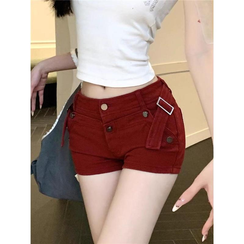 Seluar Pendek untuk Wanita, Gaya Y2K Amerika, Warna Merah, Rekaan ...
