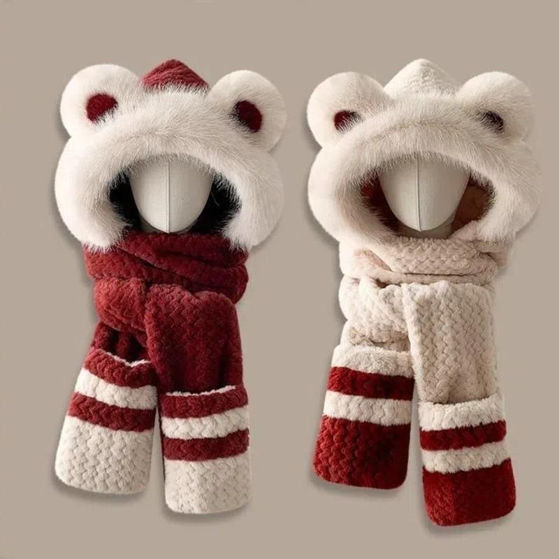 Cute Windproof Scarf Hat Glove Set Ear Protection One-piece Winter ...