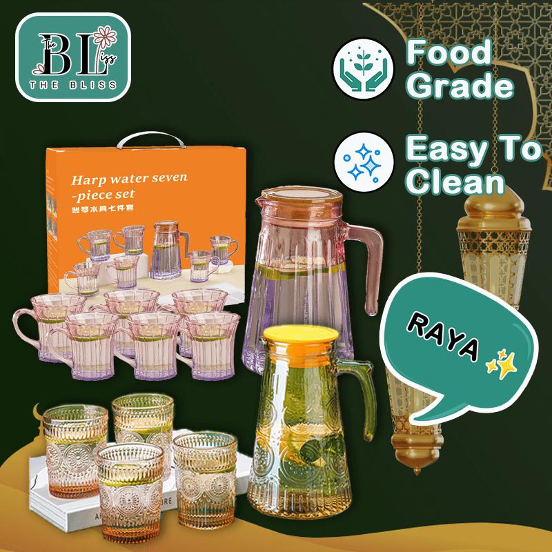 [JUG & CAWAN SET RAYA] 5 & 7 in 1 Glass Jar Glass Cup Set Comfort ...