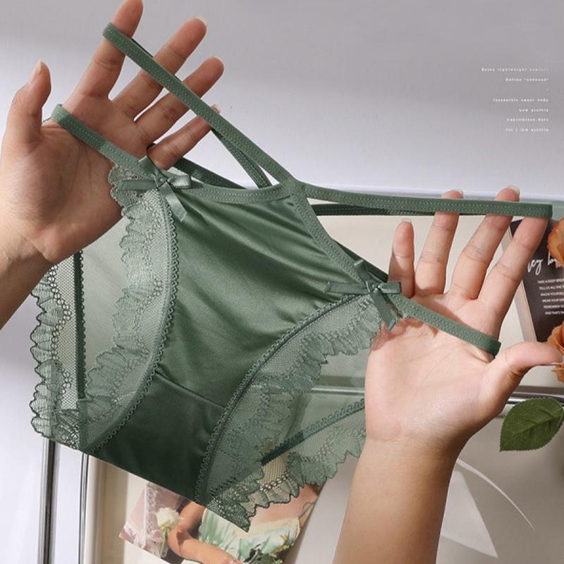 High-end Satin Panties for Women Mesh Briefs with Bow Lace Edges ...