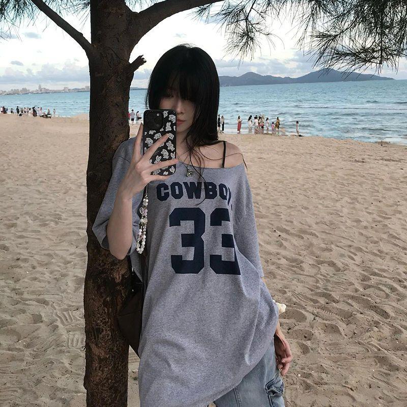 Idle Style Gray off-Shoulder Letter Print off-Shoulder Short - TikTok ...