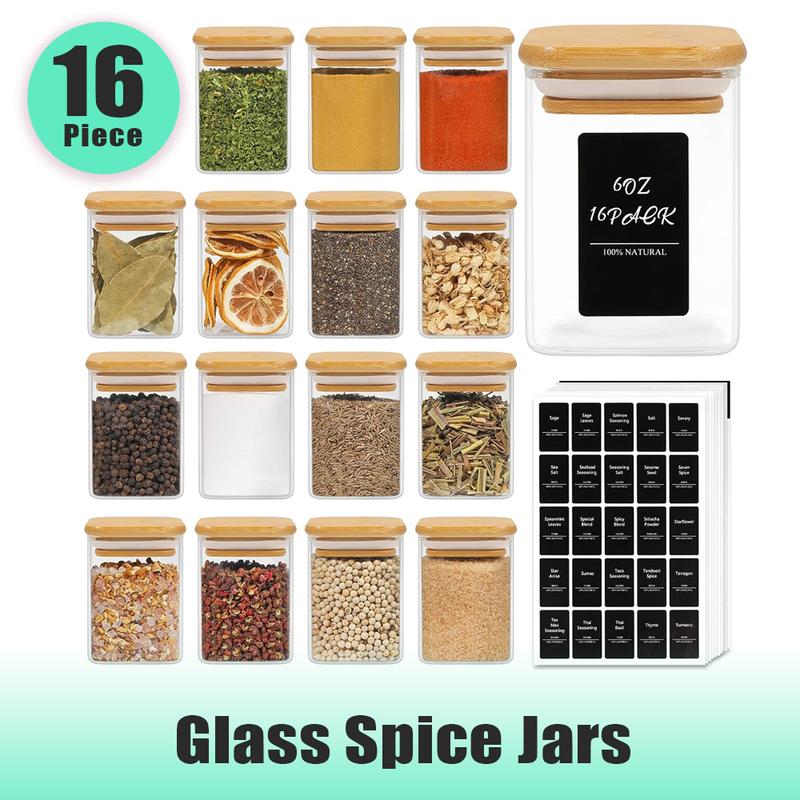 Pack of 16 Glass Spice Jars 6oz | Square | Bamboo Lid | 2.12