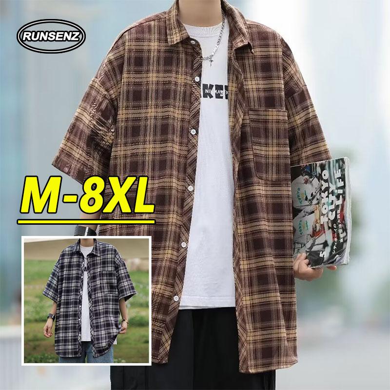M-8XL Korean Plaid Shirt Men Plus Size Short Sleeve Shirt Casual Loose ...