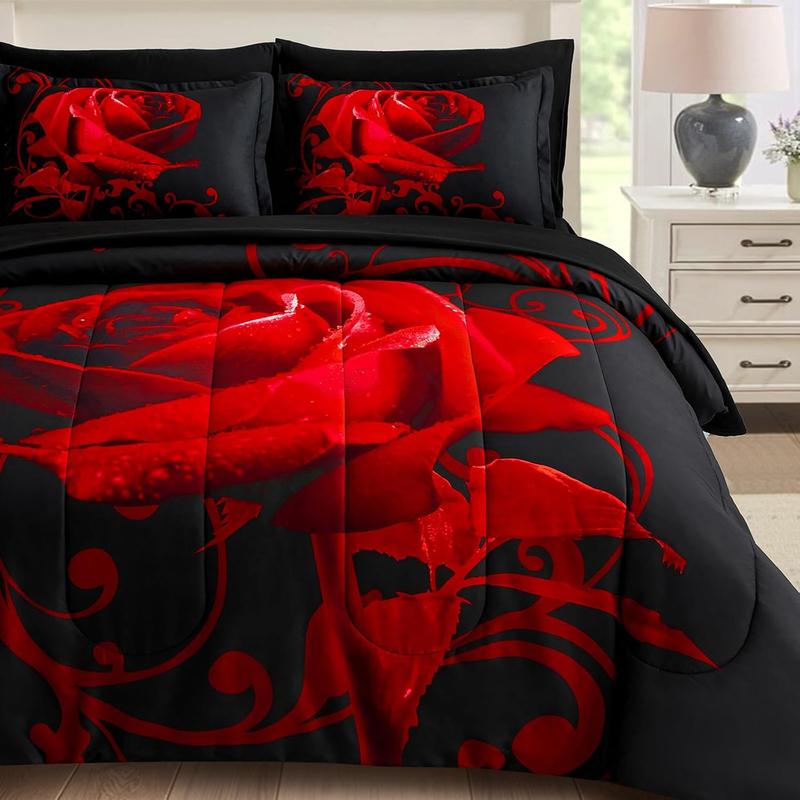 Red Comforter Set , Reversible Red Rose 7 count Bed in a Bag ...