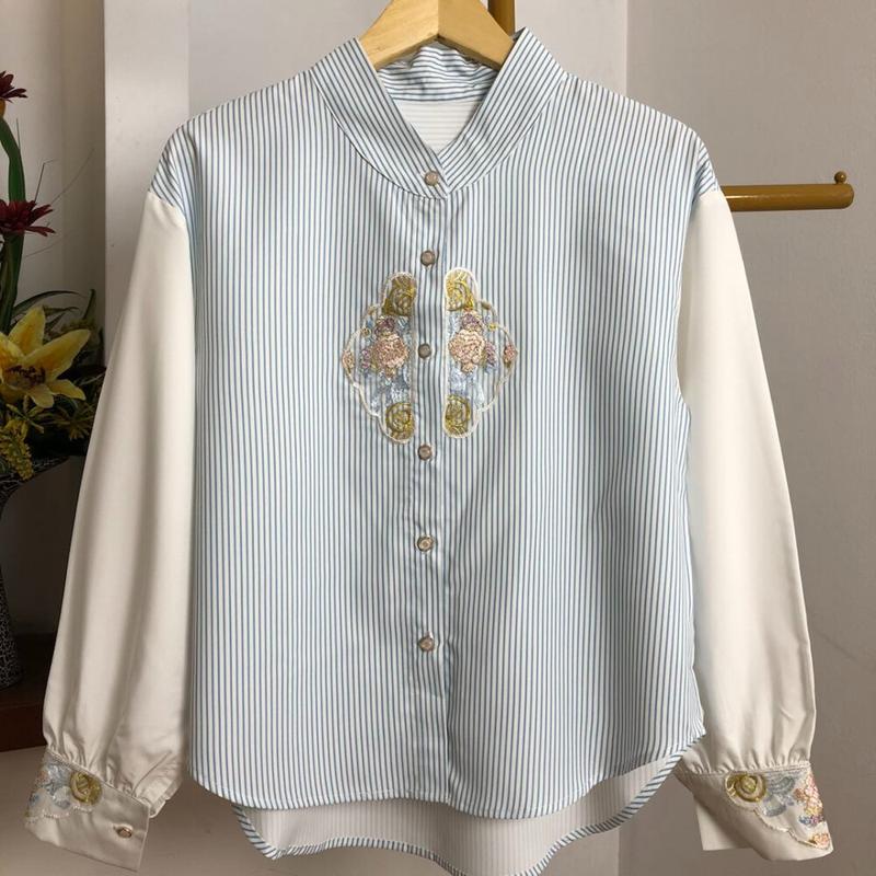 FADFAD Atasan Kemeja Wanita Lengan Panjang Motif Garis Gaya Baju - Shop ...