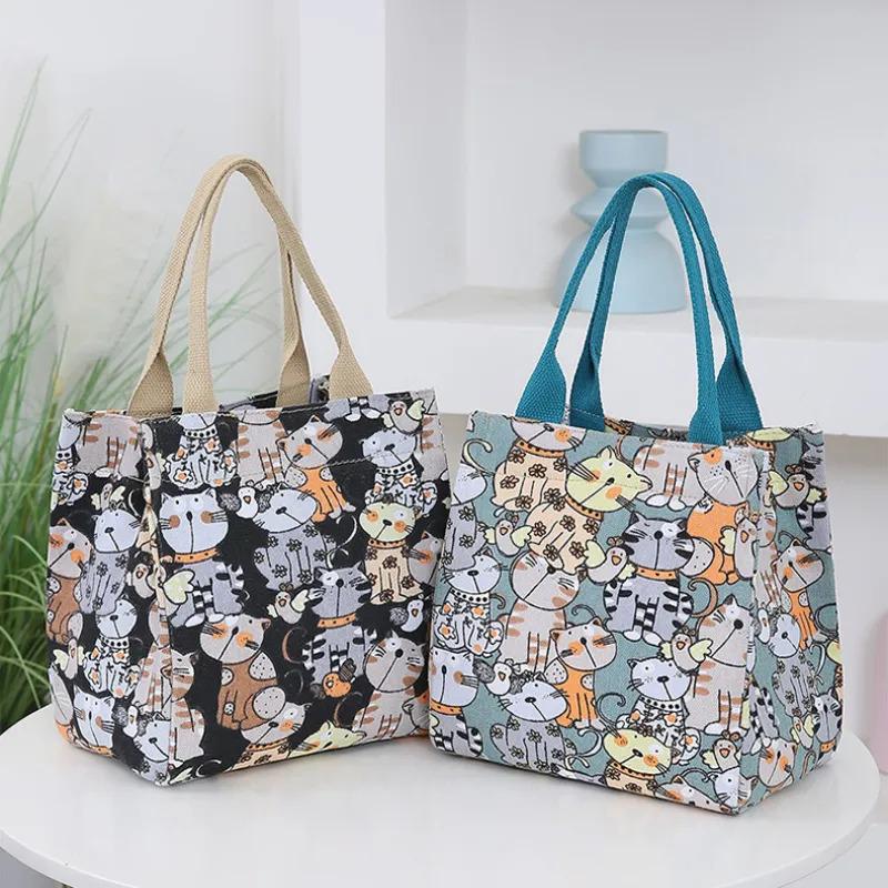 กระเป๋าใส่ข้าวกลางวันฉนวนกันความร้อนลายดอกไม้ สไตล์ญี่ปุ่น กระเป๋าถือผ้าแคนวาสทรงถังน่ารัก ...