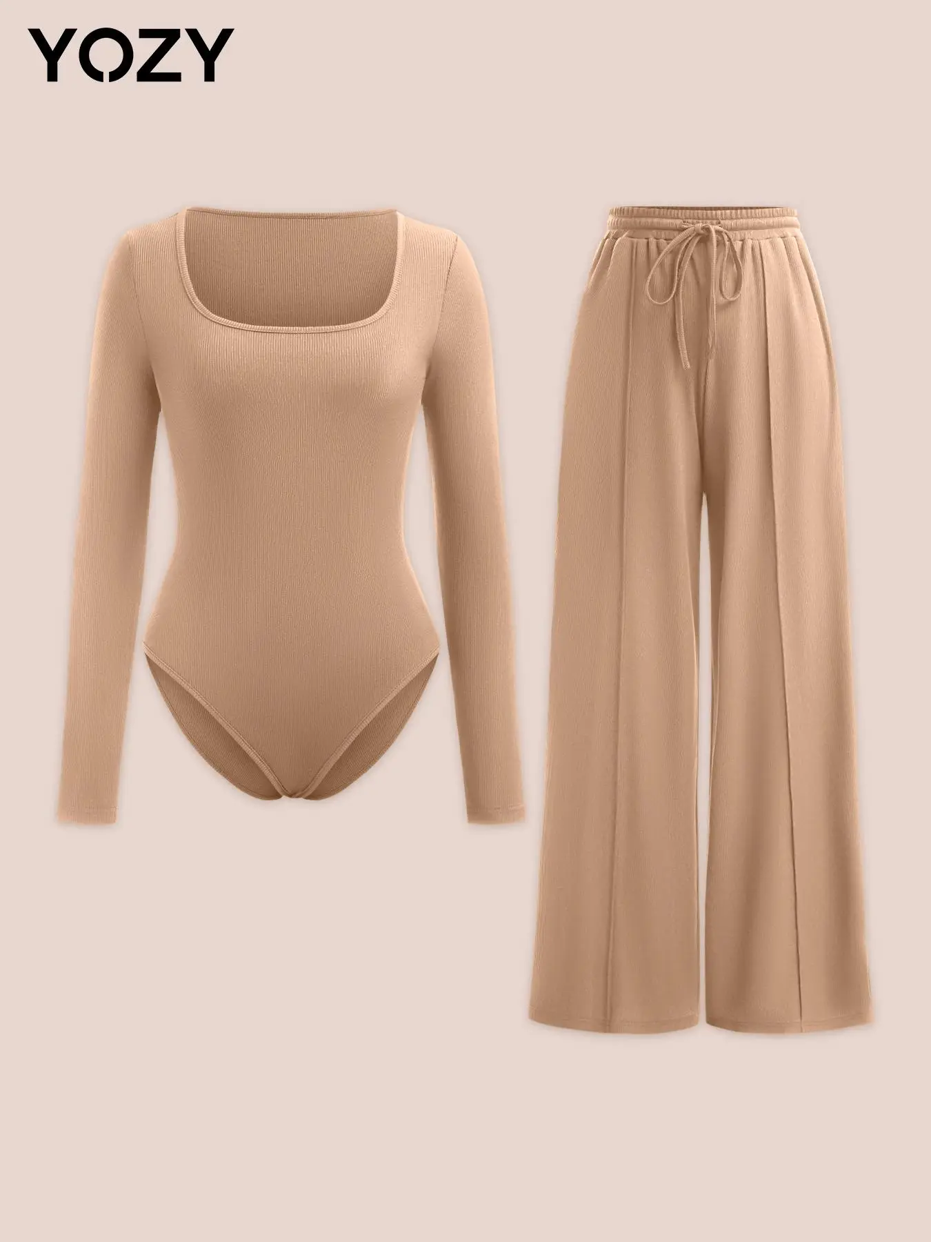 YOZY Women's 2pcs Basic Minimalist Longsleeves Square Neck Bodysuit ...