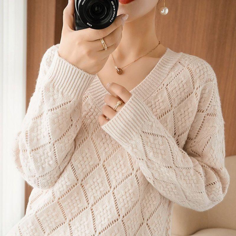 V-neck Knitted Sweater Hollow Loose Rhombus Autumn and Winter - TikTok ...
