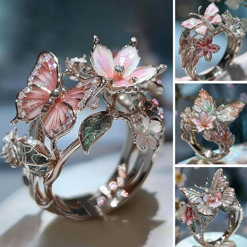 Adjustable Women Ring Butterflies Flower Design Shiny Rhinestones ...