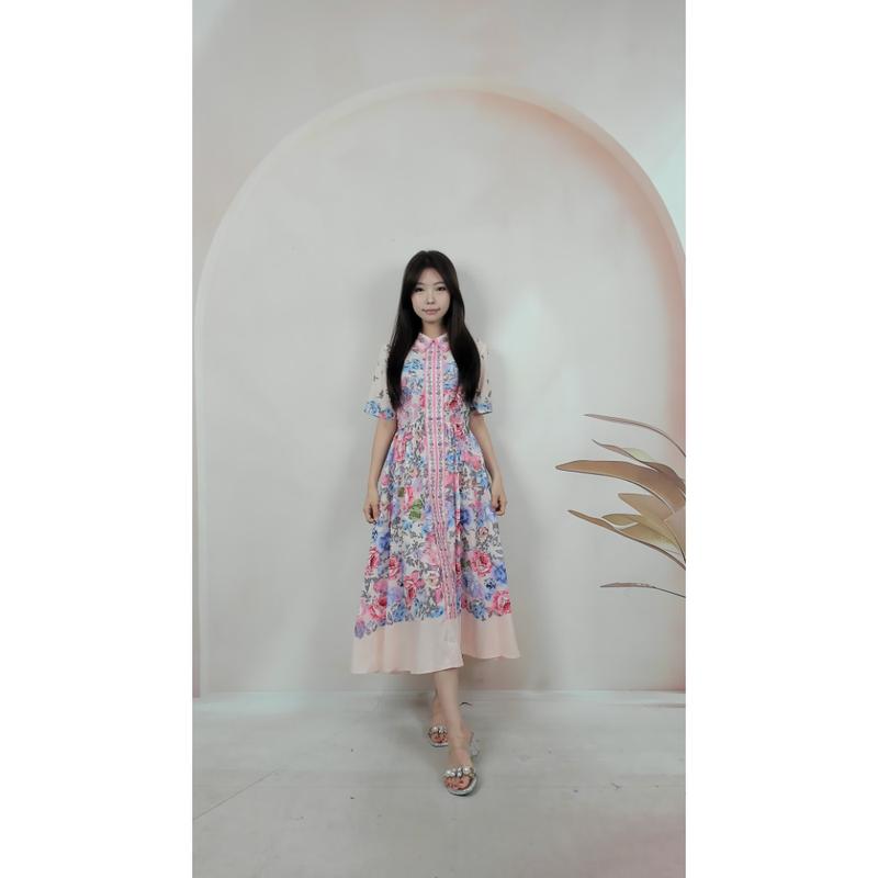 FADFAD Gaun Midi Motif Bunga Retro Lengan Pendek Untuk Wanita - Shop ...