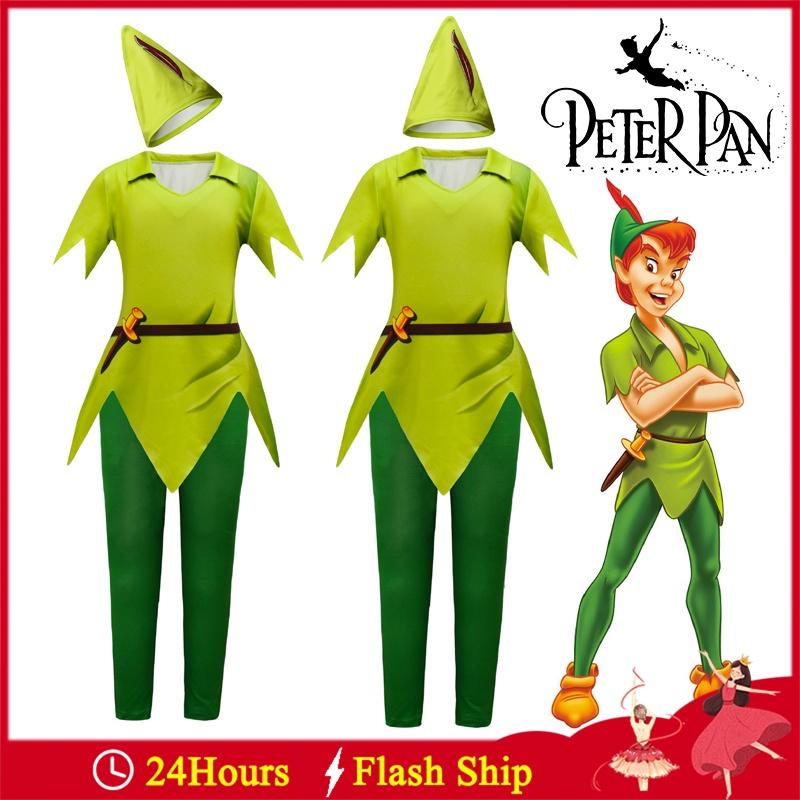 Kostum berinspirasikan Peter Pan untuk kanak-kanak, kemeja-t hijau ...