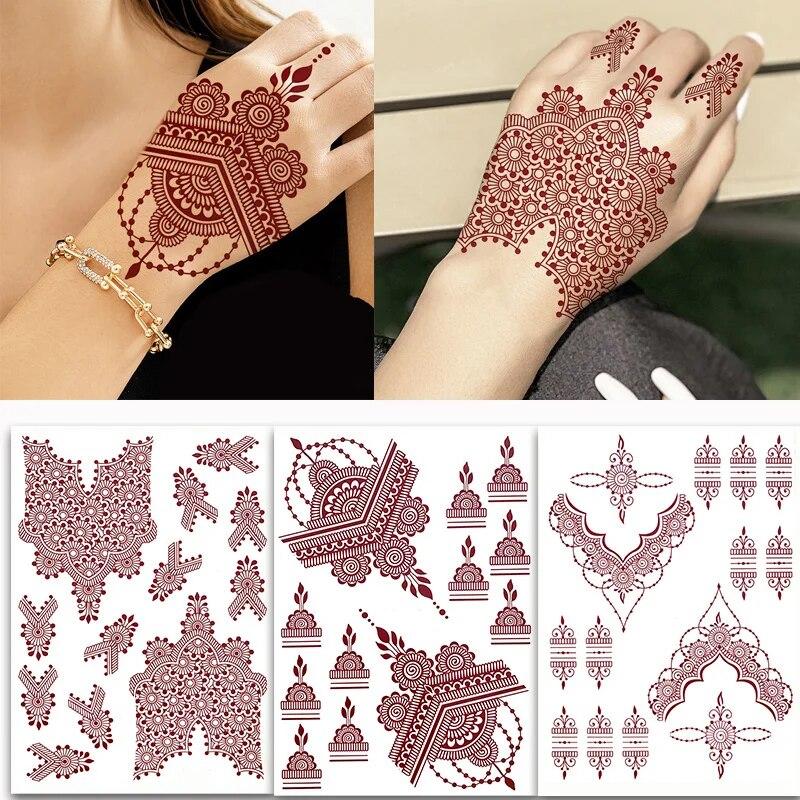 Brown Henna Hand Tattoo Stickers for Women Bride Brown Waterproof ...