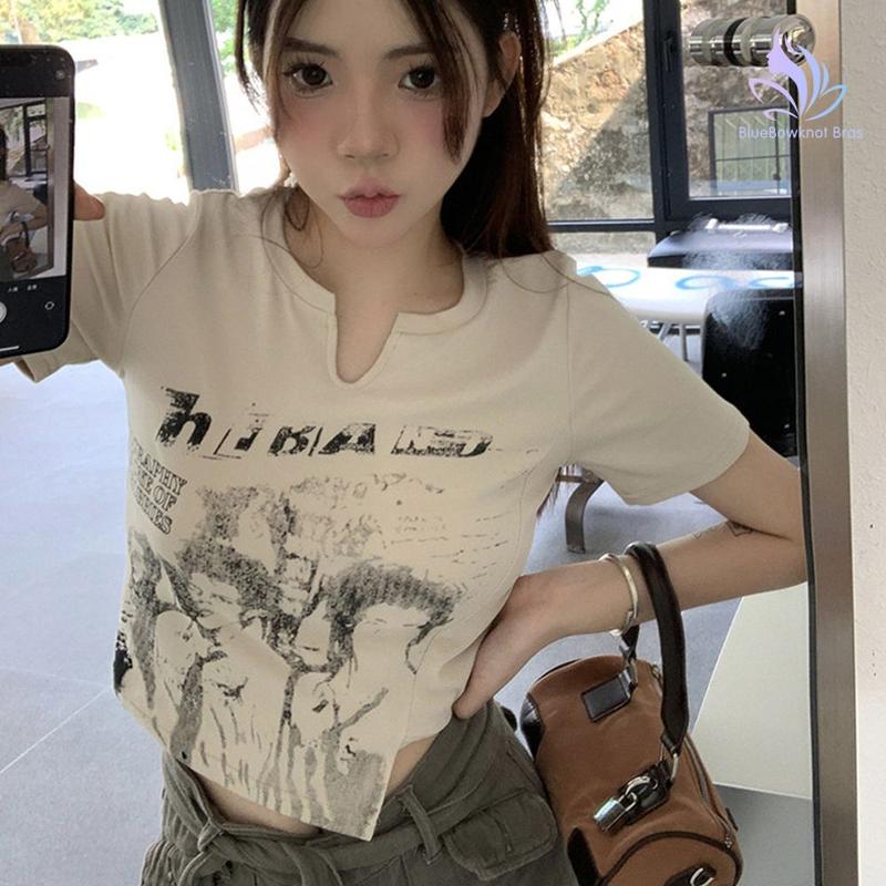 Kemeja-T, Untuk Wanita, Cetakan Gaya Vintaj Amerika Retro, Leher ...