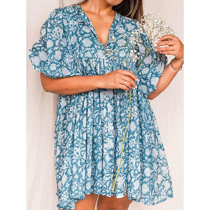 Women Mini Dress Half Sleeve Lacing Flower Print Pleated Loose - TikTok ...