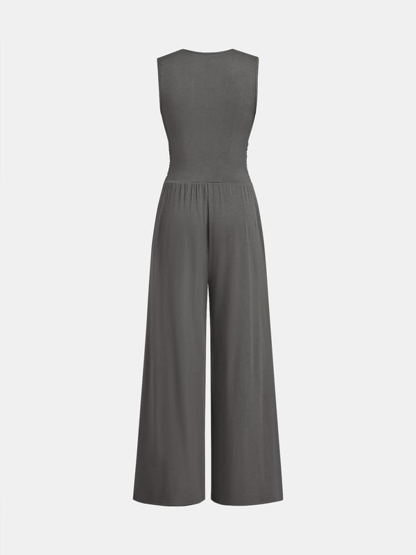 YOZY Deep V Neck Ruched Tank Jumpsuit, Sleeveless Wide Leg Jumpsuit ...