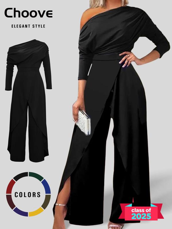 Plain Ruched Wrap Split Hem Jumpsuit for Women, Chic Fit Modern Style ...