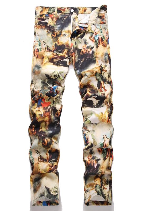 Men's creative oil painting printed jeans, European retro denim ...