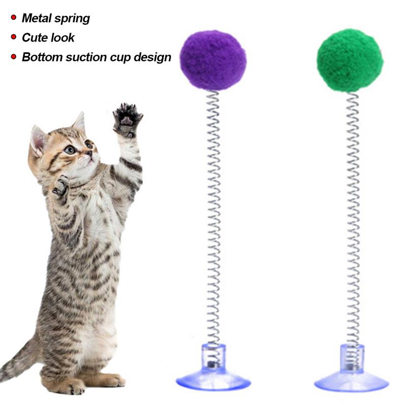 1pc Fur Ball Spring Cat Toy Suction Cup Multicolored Cat Teaser ...