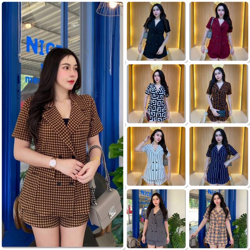 SS3_ชุดเซ็ตเสื้อสูท+กางเกงขาสั้น ผ้าวูลเวฟ ผ้ายืดใส่สบาย สาวอวบใส่ได้ ...