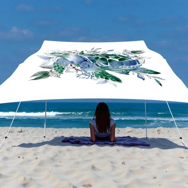 Turtle & Flower Pattern Beach Tent, Outdoor Sunshade Tent with 4 Fixing ...
