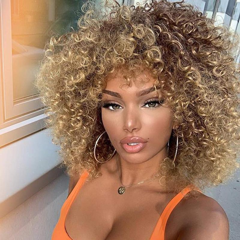 Xinran Synthetic 14-inch blonde curly wig, brown mixed Gold Afro - TikTok Shop