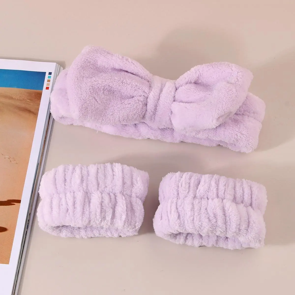Travel Bow Face Wash Headband with Wristbands for Women, 1 Set Fleeced ...