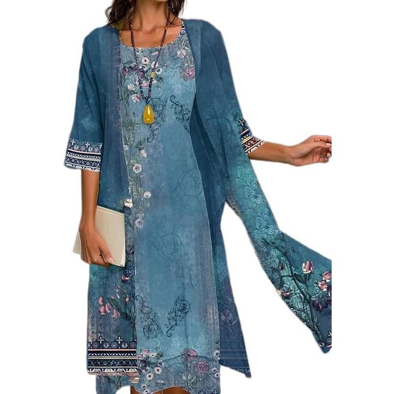 Womens Flowy Boho Floral Midi Dresses with Chiffon Jacket Elegant ...