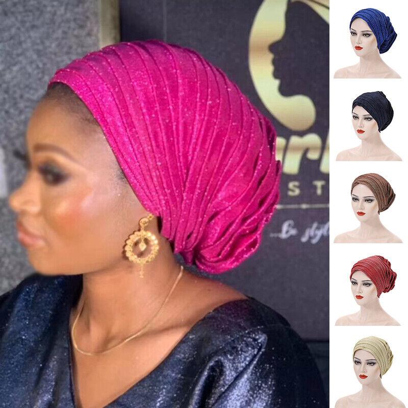 Women's Multi-Layer Base Cap Glitter Pleated African Turban Cap ...
