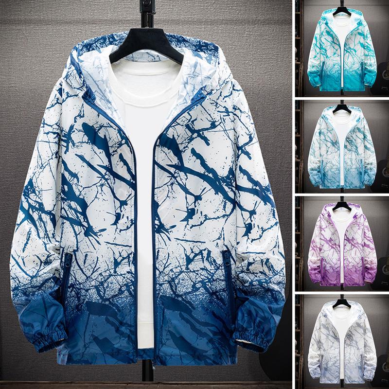 Fall Spring Men Coat Hooded Gradient Color Matching Splash Print ...