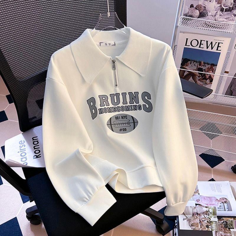 Kemeja-T Kolar Polo, Gaya Amerika, Sweater Lengan Panjang Wanita ...