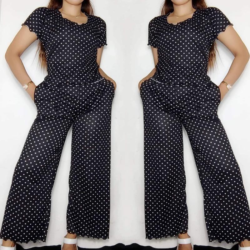 Chic Polka-dots Lettuce Blouse & Wide-leg Squarepants Terno Set ...