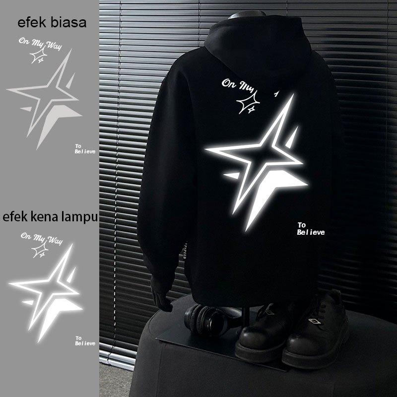 NASA IDOL Hoodie Reflektif Bercahaya Atasan Oversize Unisex Hitam dan ...