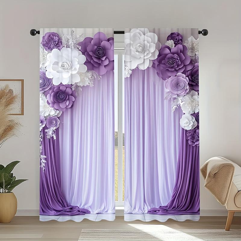 Langsir Pintu Cetakan Bunga Ungu Elegan, Set 2pcs, Langsir Poket ...