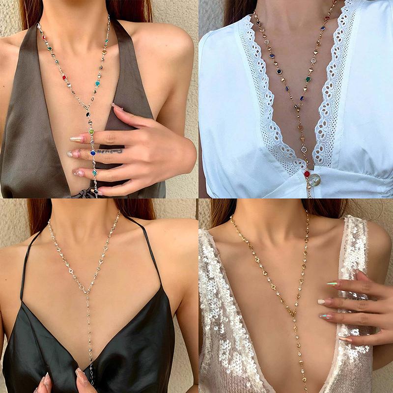 [zyy]Fashion Colorful Long Y-shaped Necklace Metal Collarbone - TikTok Shop Singapore